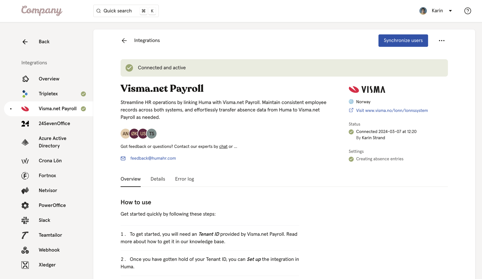 Visma.net Payroll integration